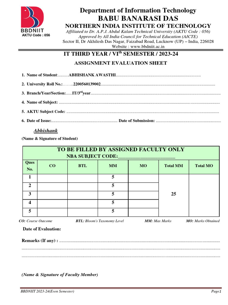 Assignment Evaluation Sheet | PDF