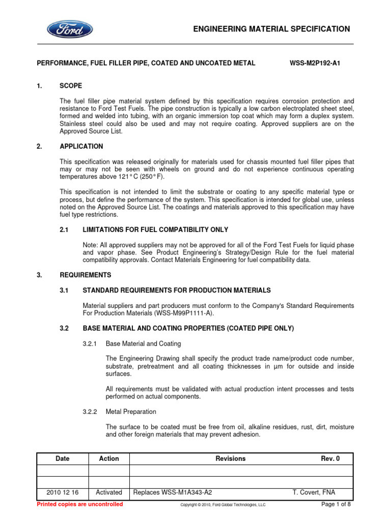 Wss-M2p192-A1 The Fill Pipe Spec | PDF | Pipe (Fluid Conveyance) | Specification (Technical ...