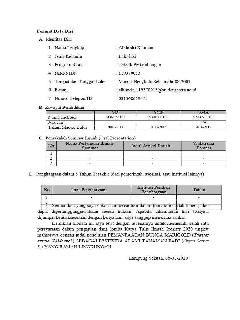 Format Data Diri | PDF