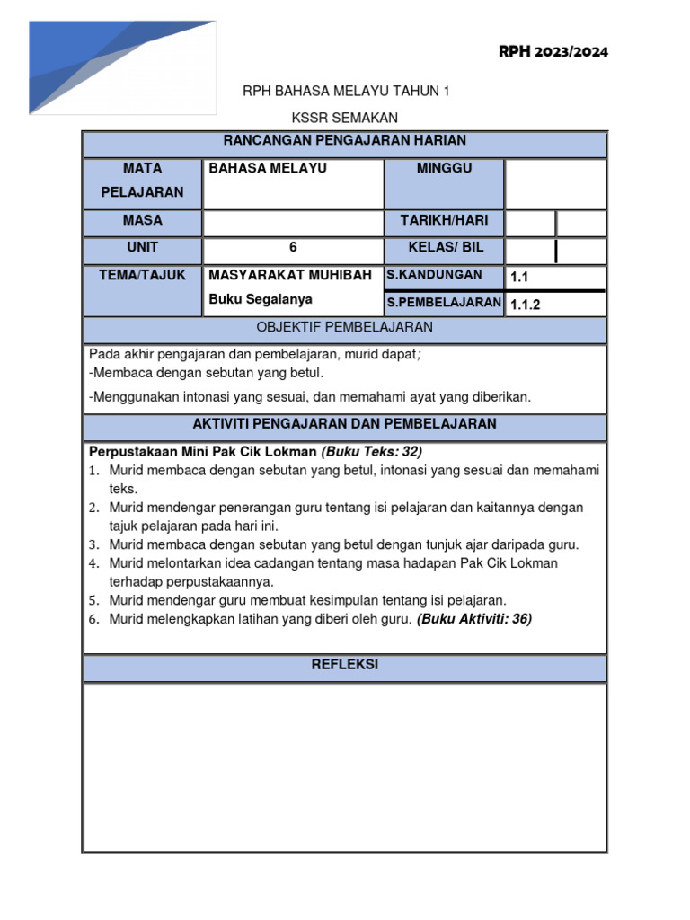 RPH Ringkas BM Tahun 1 | PDF