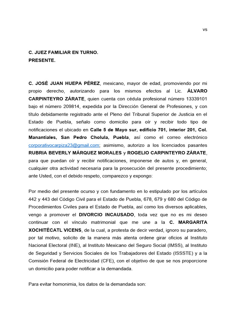 Formato de Divorcio Incausado en El Estado de Puebla | Descargar gratis ...