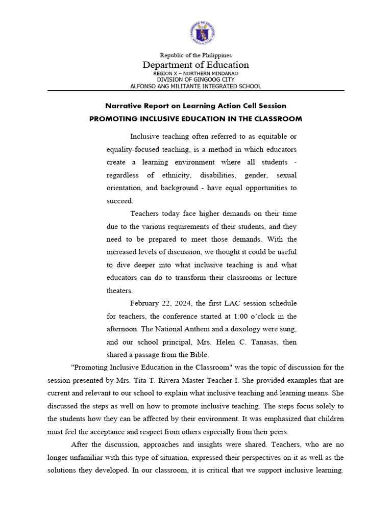 Lac Narrative Report | Download Free PDF | Teachers | Inclusion (Education)