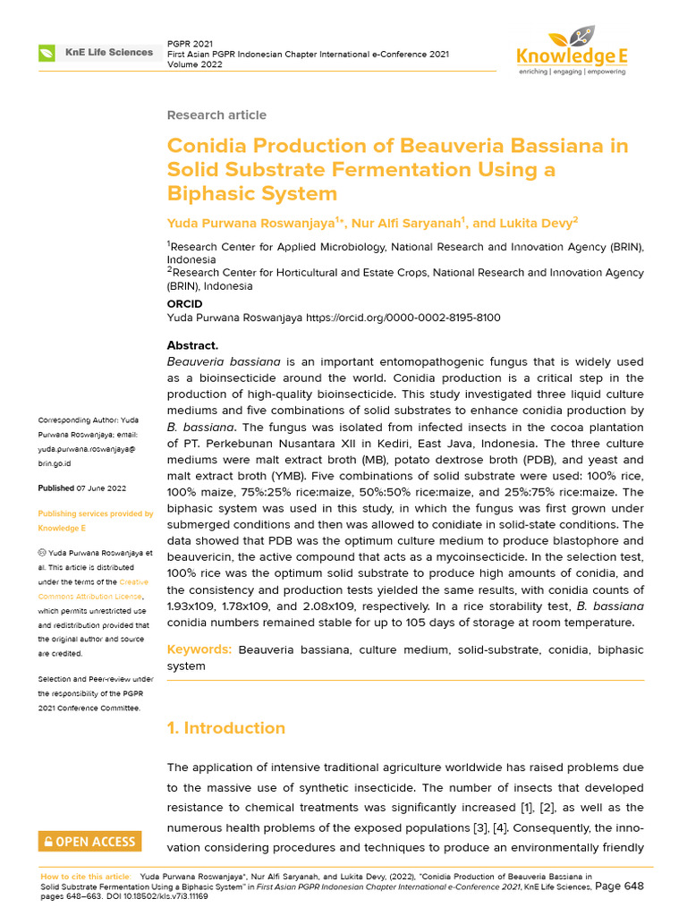 Conidia Production of Beauveria Bassiana | PDF | Fungus | Biology