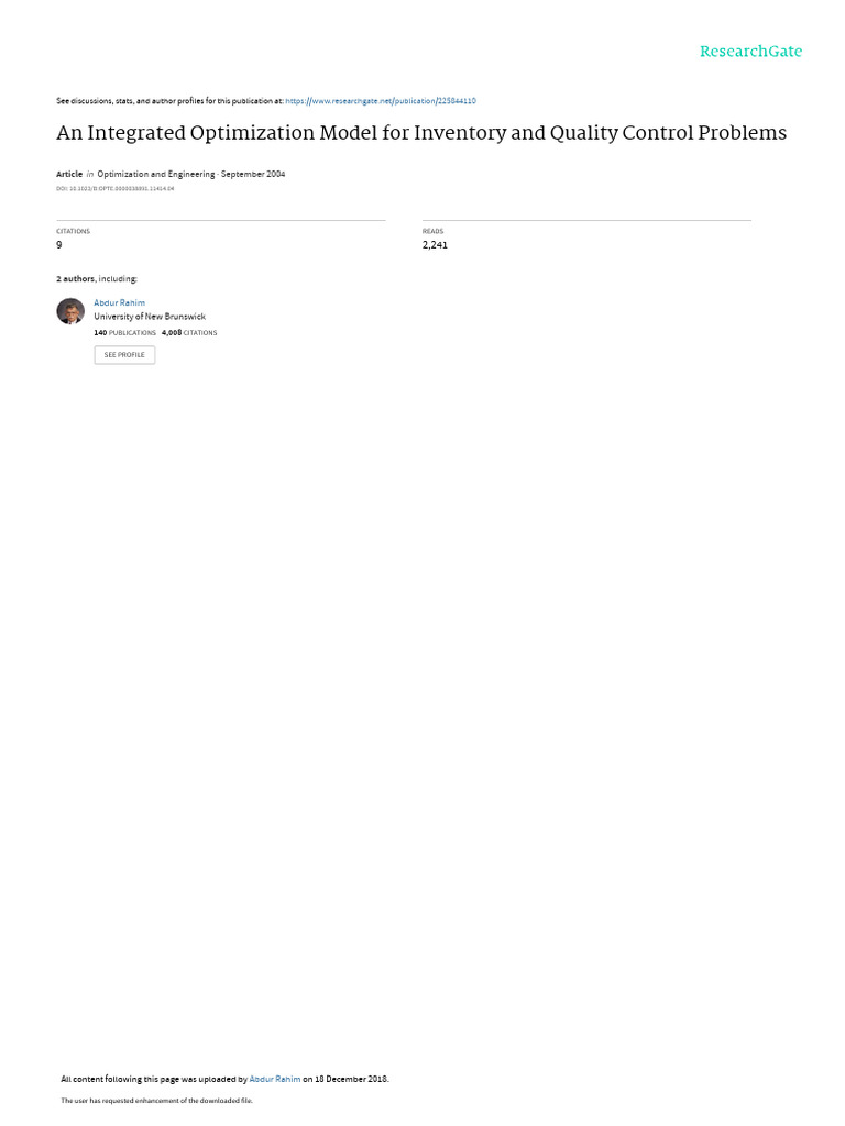 An Integrated Optimization Model For Inventory and Quality Control ...
