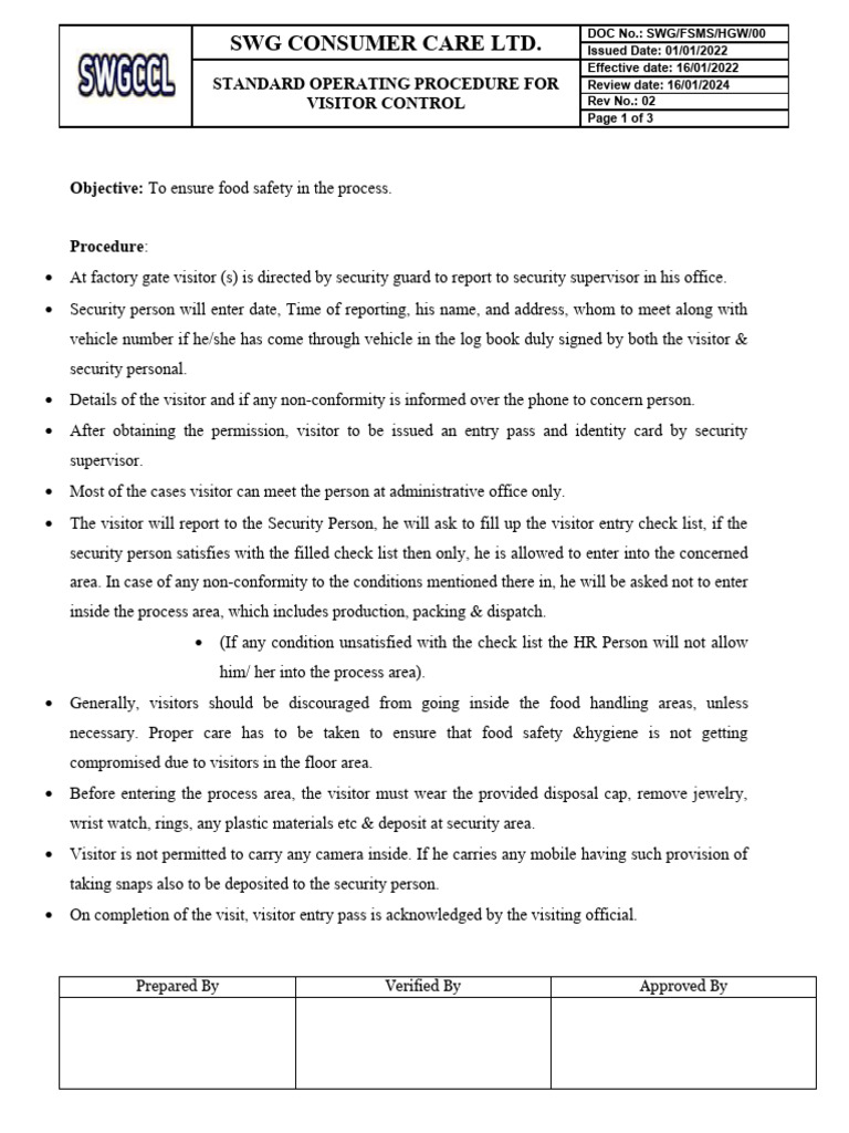 Visitor Control SOP for Food Safety | PDF | Infection | Causes Of Death