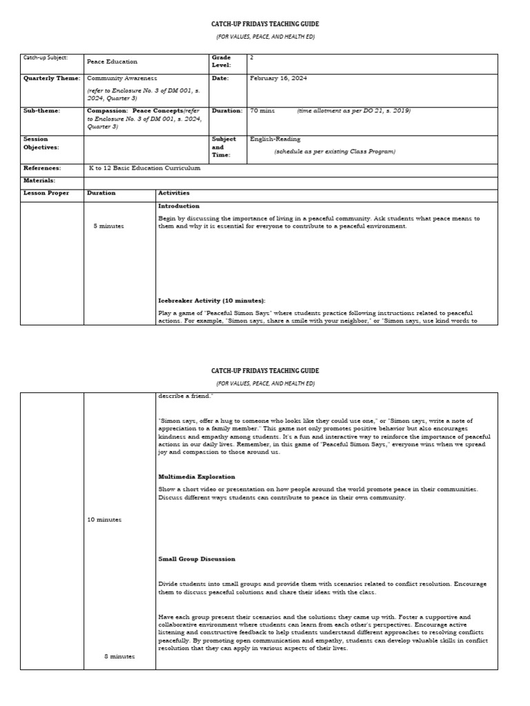 GRADE2-peace and Val Ed Catch-Up Plan | Download Free PDF | Peace ...