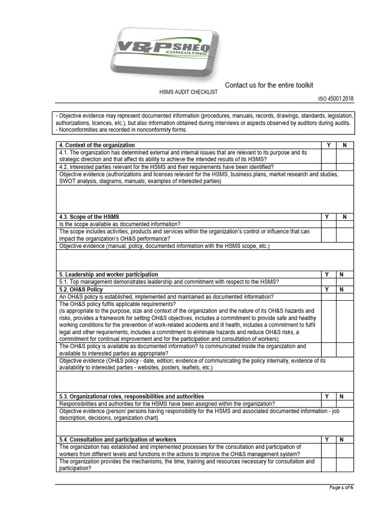 ISO 45001:2018 Audit Checklist | PDF | Risk | Audit