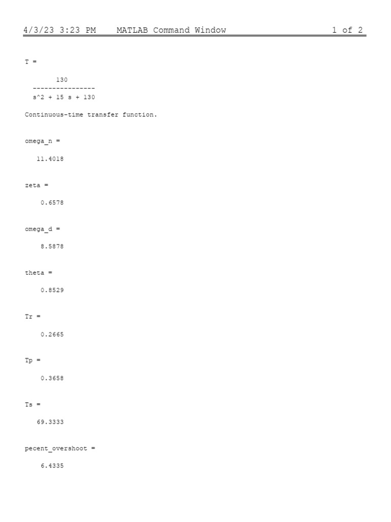 MATLAB Continuous-Time Transfer Function Analysis | PDF | Teaching Methods & Materials | Computers