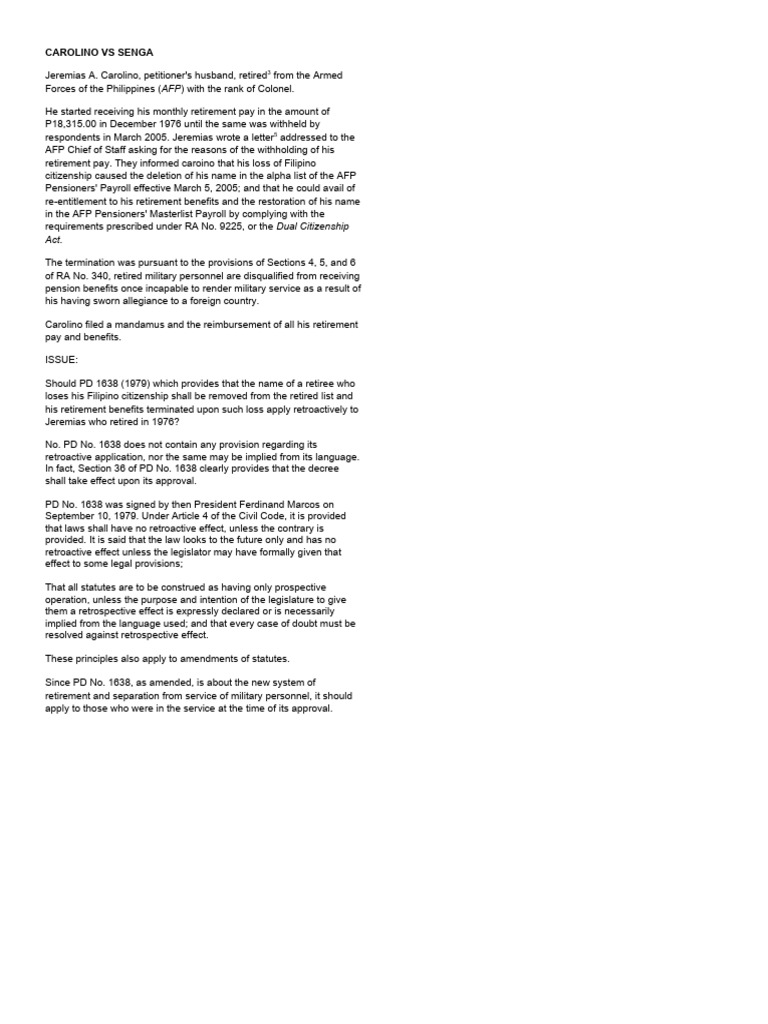 CAROLINO v. SENGA | PDF | Ex Post Facto Law | Political Law CAROLINO v. SENGA | PDF | Ex Post Facto Law | Political Law