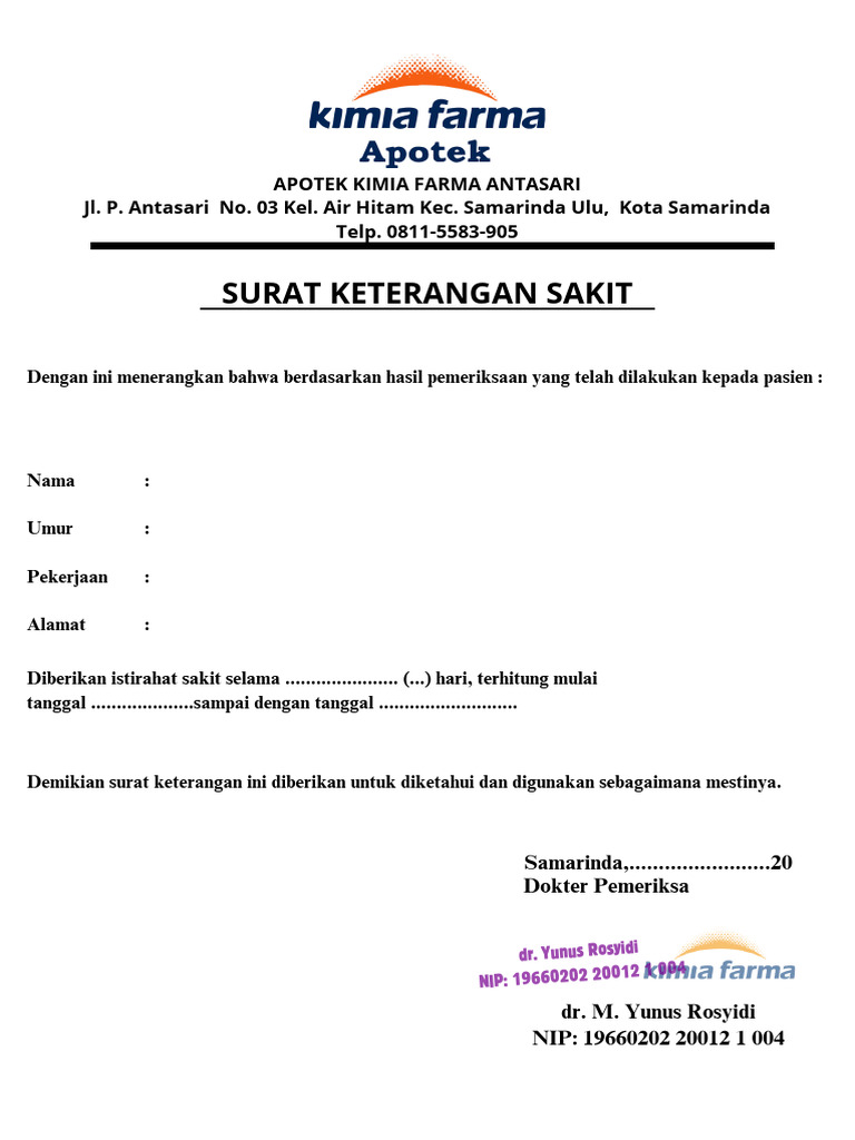 Surat Keterangan Sakit Dokter Kimia Farma | PDF