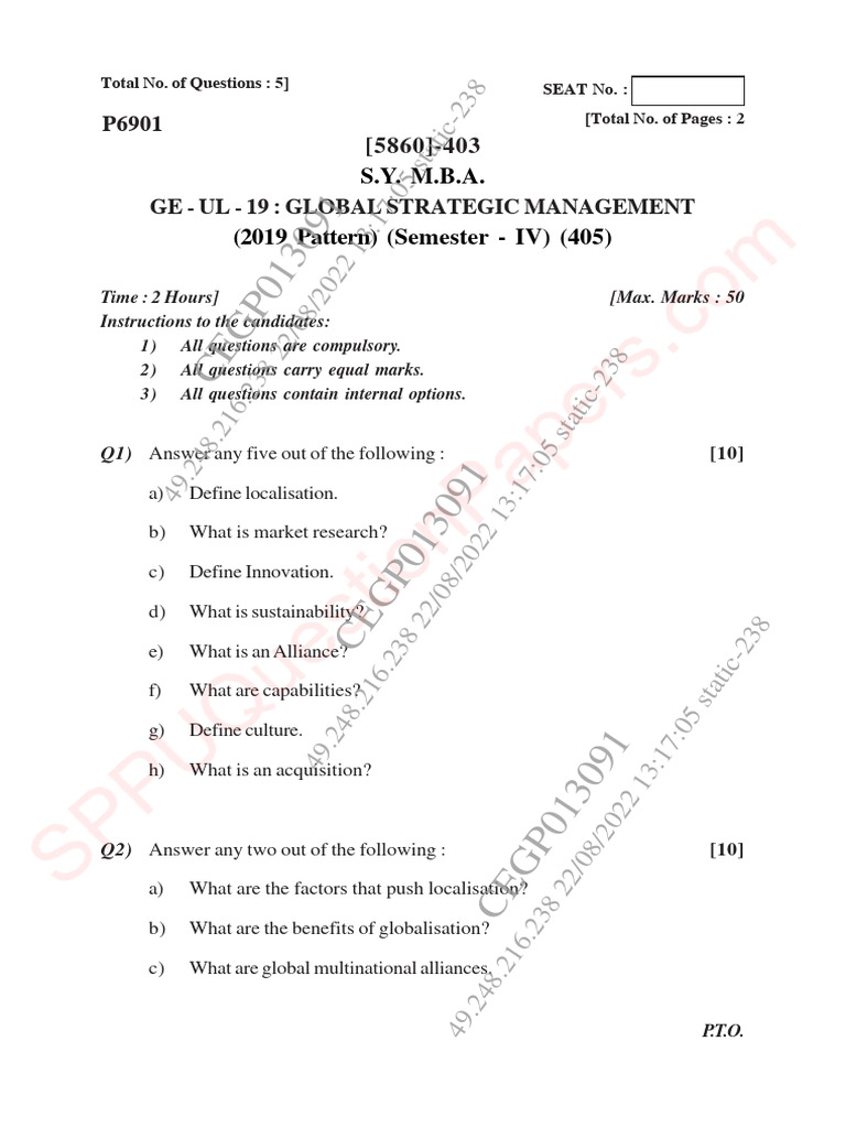 SPPU Question Paper On Global-Strategic-Management (Pattern-2019) | PDF ...