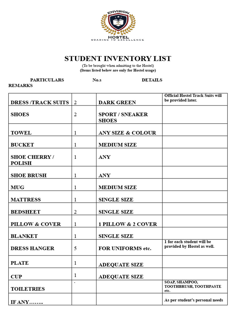 Student Inventory List | PDF
