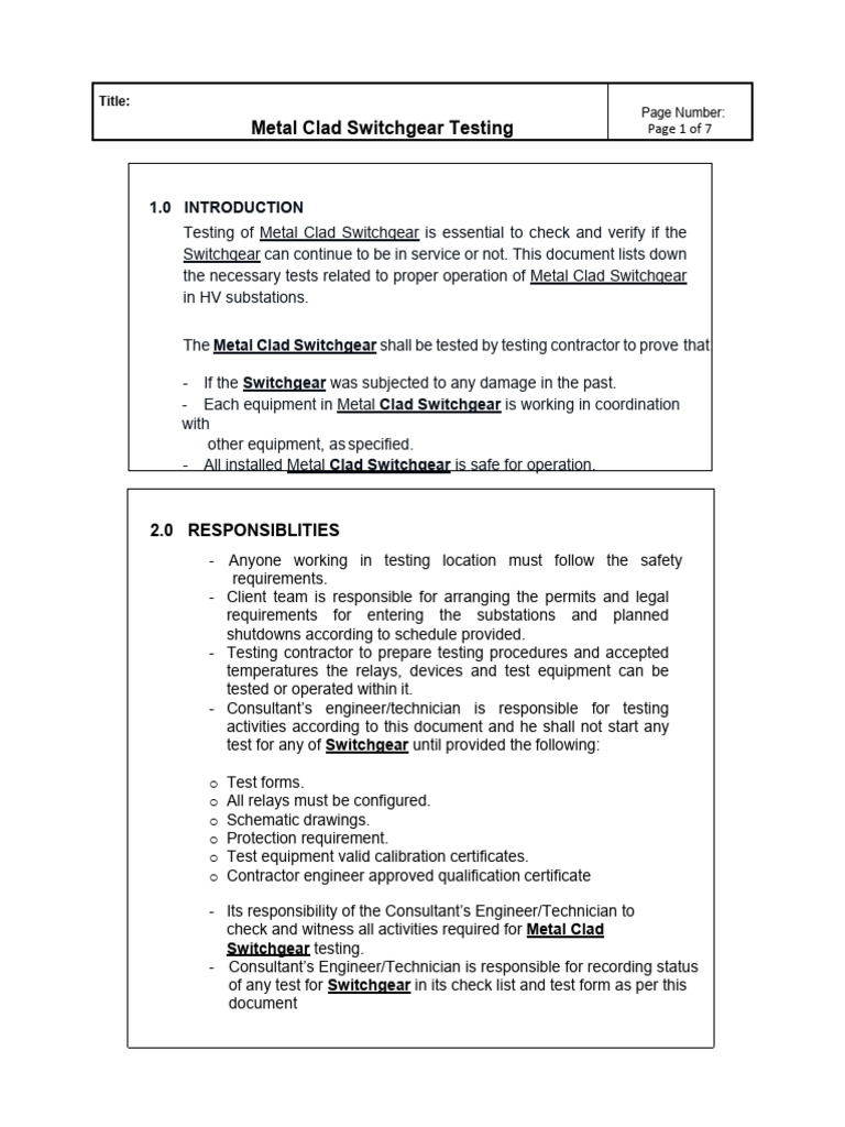 Metal Clad Switchgear Testing | PDF | Switch | Equipment