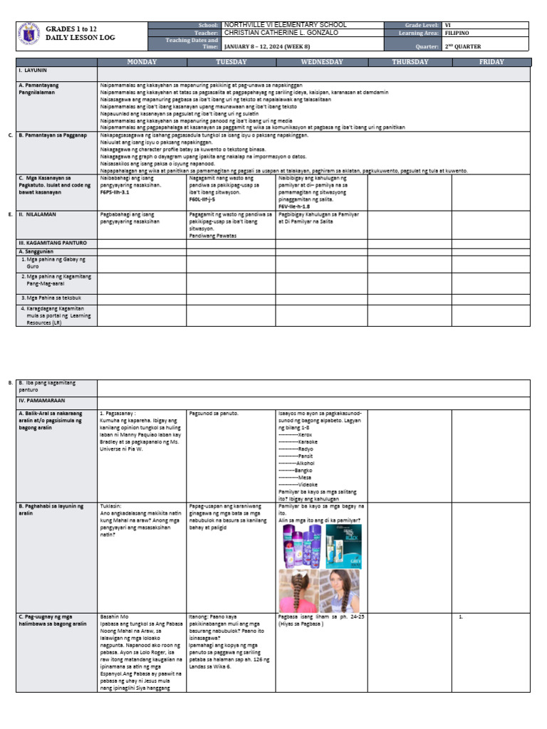 DLL - Filipino 6 - Q2 - W8 | PDF