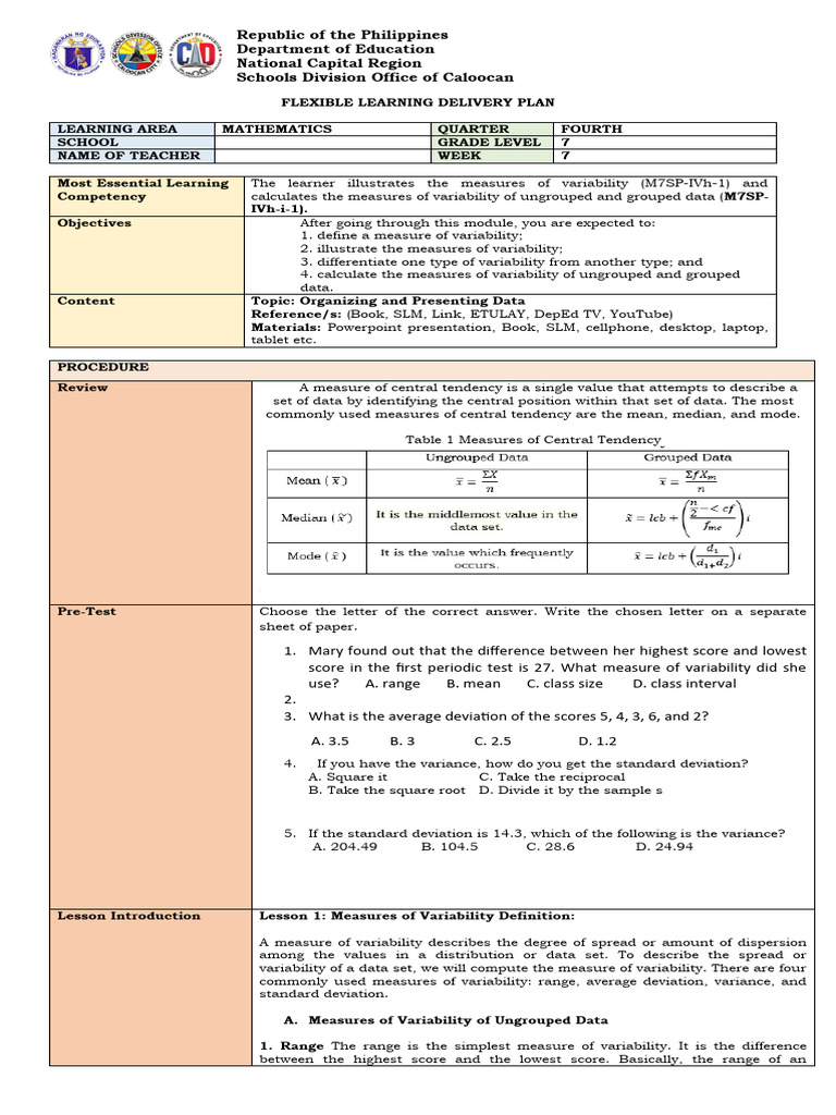 Math-7 FLDP Quarter-4 Week-7 | PDF | Standard Deviation | Variance
