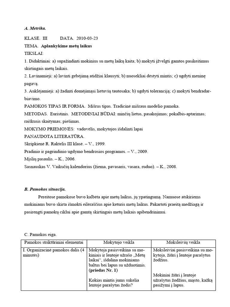 Išplėstinis Pamokos Planas 3 Klasė | PDF