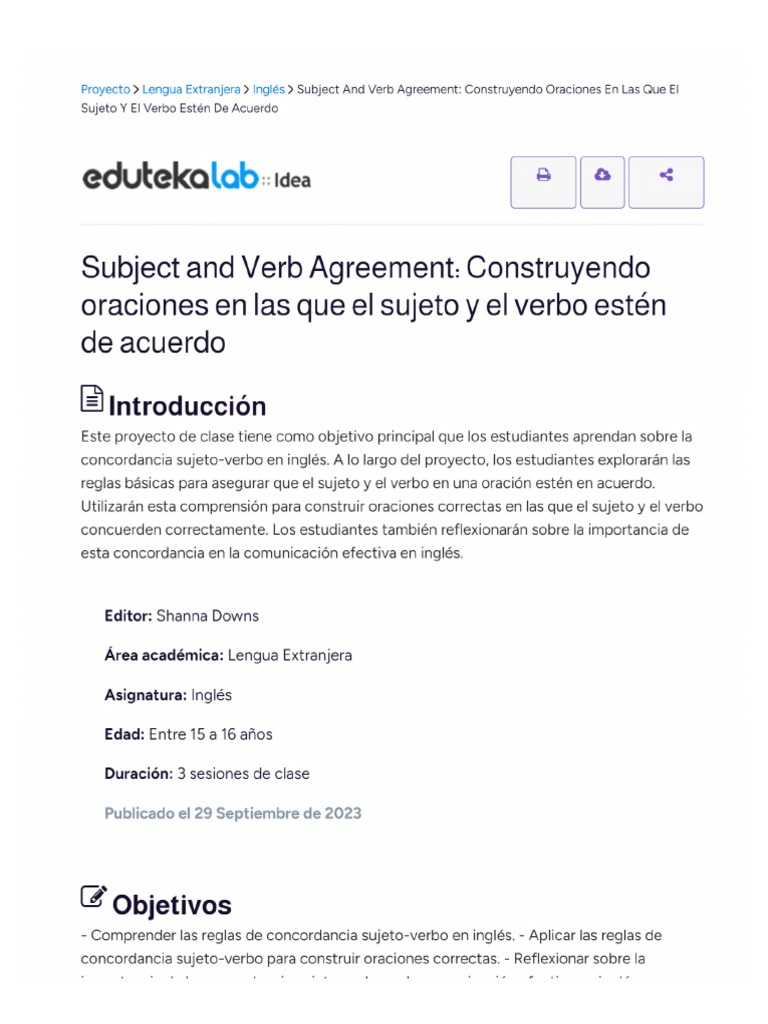Subject and Verb Agreement - Construyendo Oraciones en Las Que El ...
