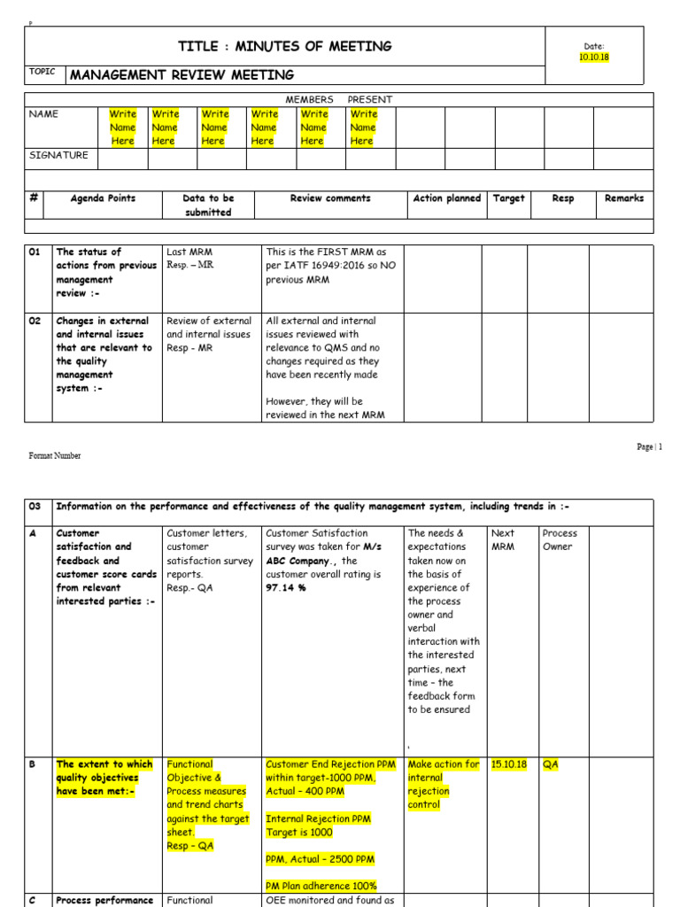 Management Review Meeting Minutes | PDF | Audit | Customer Satisfaction