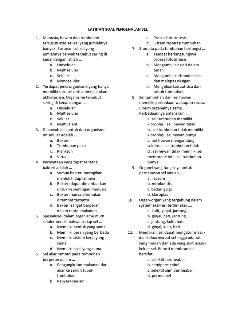 LATIHAN SOAL PENGENALAN SEL | PDF