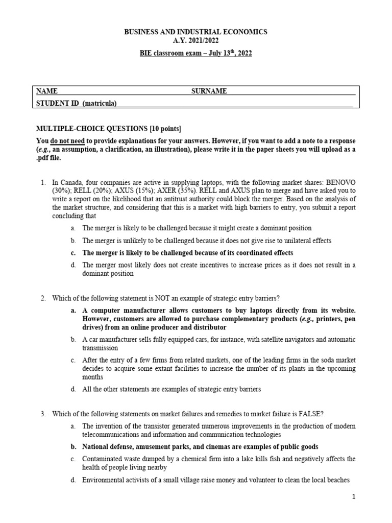 Exam Jul 13th 2022 Sol | PDF | Economic Equilibrium | Financial Economics