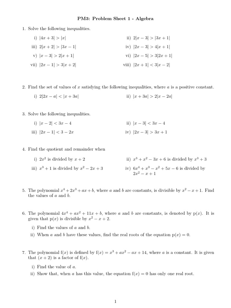 1 Algebra (problem sheet) | PDF | Polynomial | Factorization