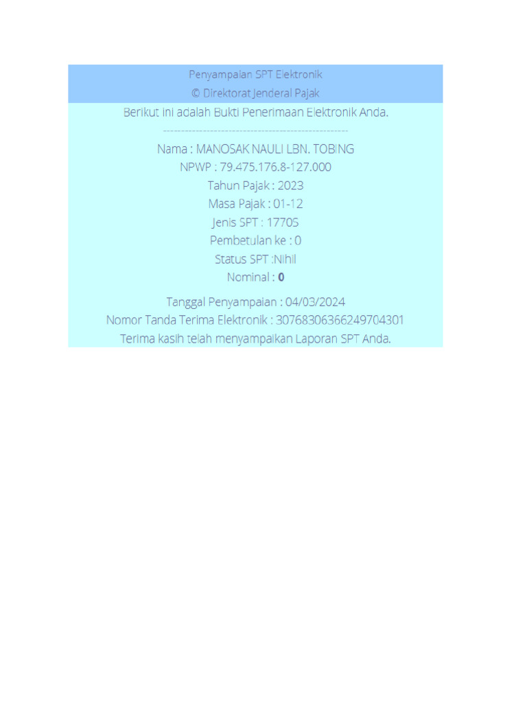 SPT Tahunan MR Tobing 2023 | PDF