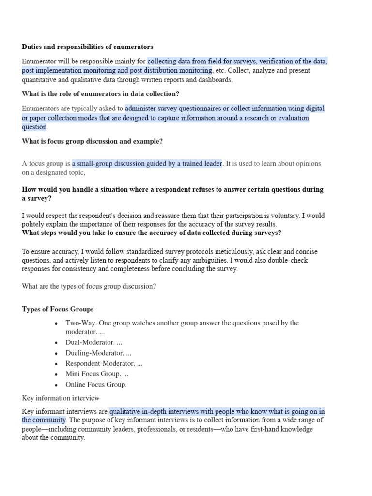 Duties and Responsibilities of Enumerators | PDF | Focus Group | Survey Methodology