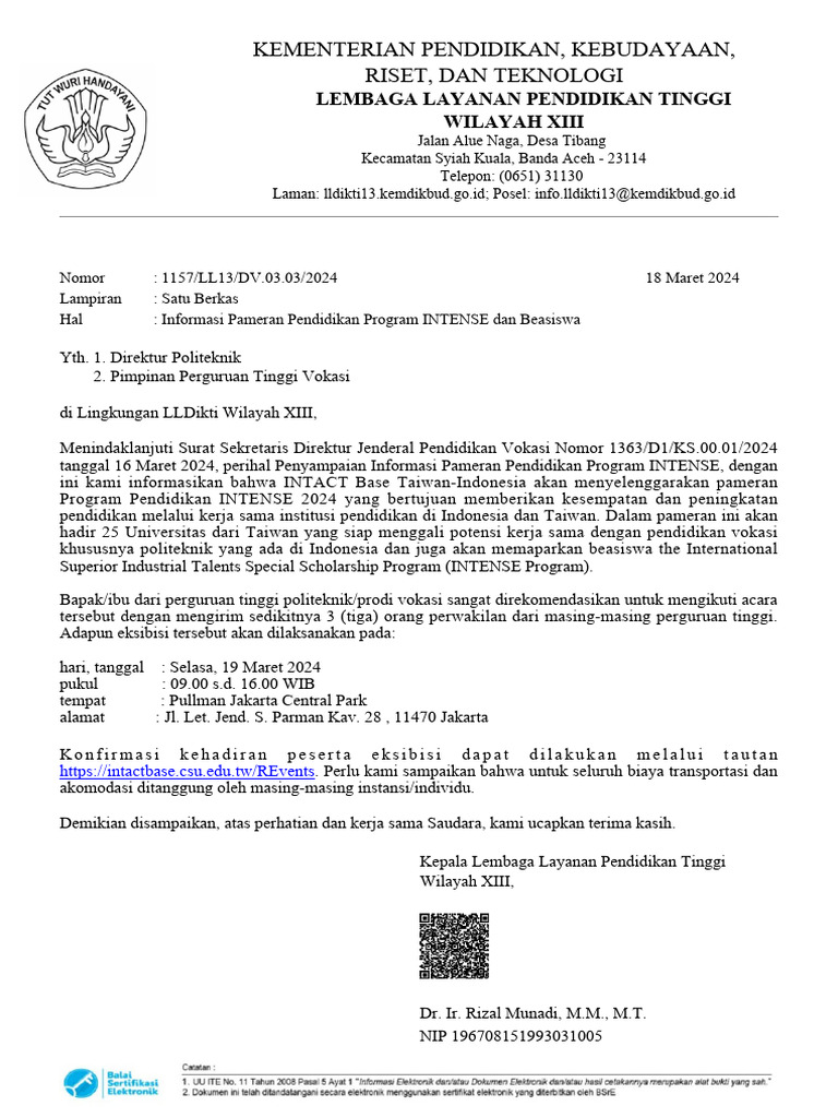 Undangan Eksibisi Pendidikan Program INTENSE Taiwan & Beasiswa | PDF