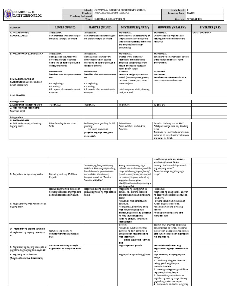 DLL - Mapeh 1 - Q3 - W6 | PDF | Learning