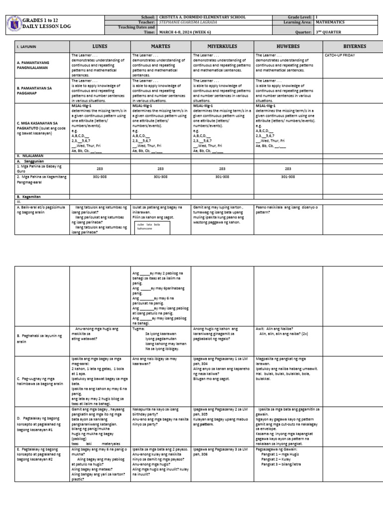 DLL - Mathematics 1 - Q3 - W6 | PDF | Learning | Psychological Concepts