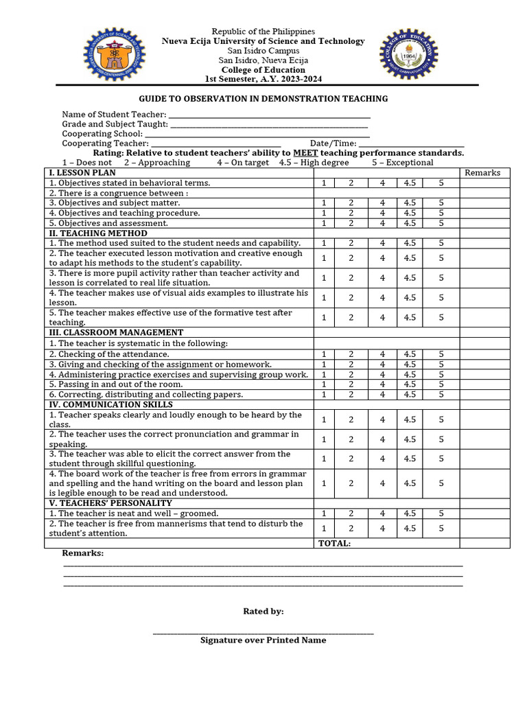 Final Demonstration Teaching Score Sheet | PDF | Teachers | Lesson Plan