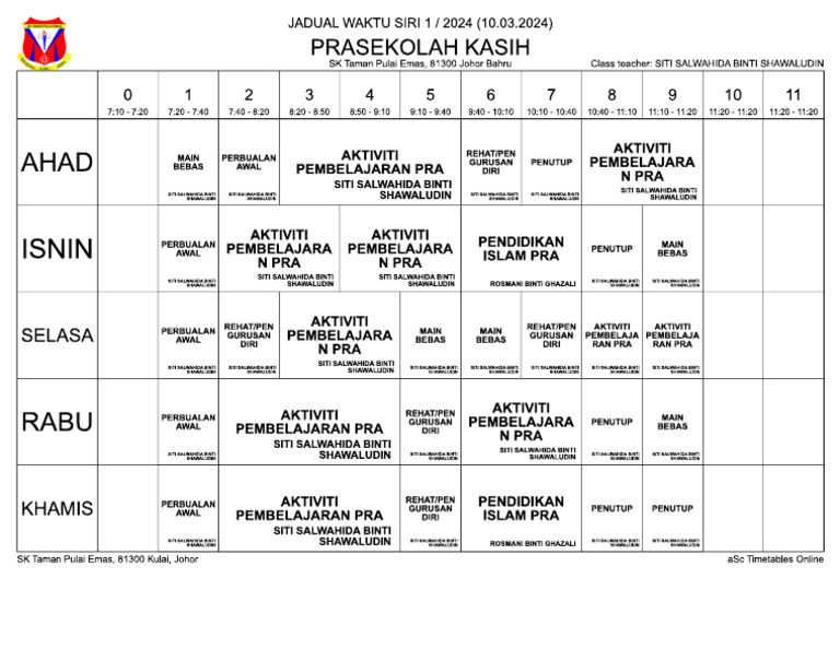Pra Kasih - Jadual Waktu Sesi Pagi Bil-1 2024 - 16 | PDF