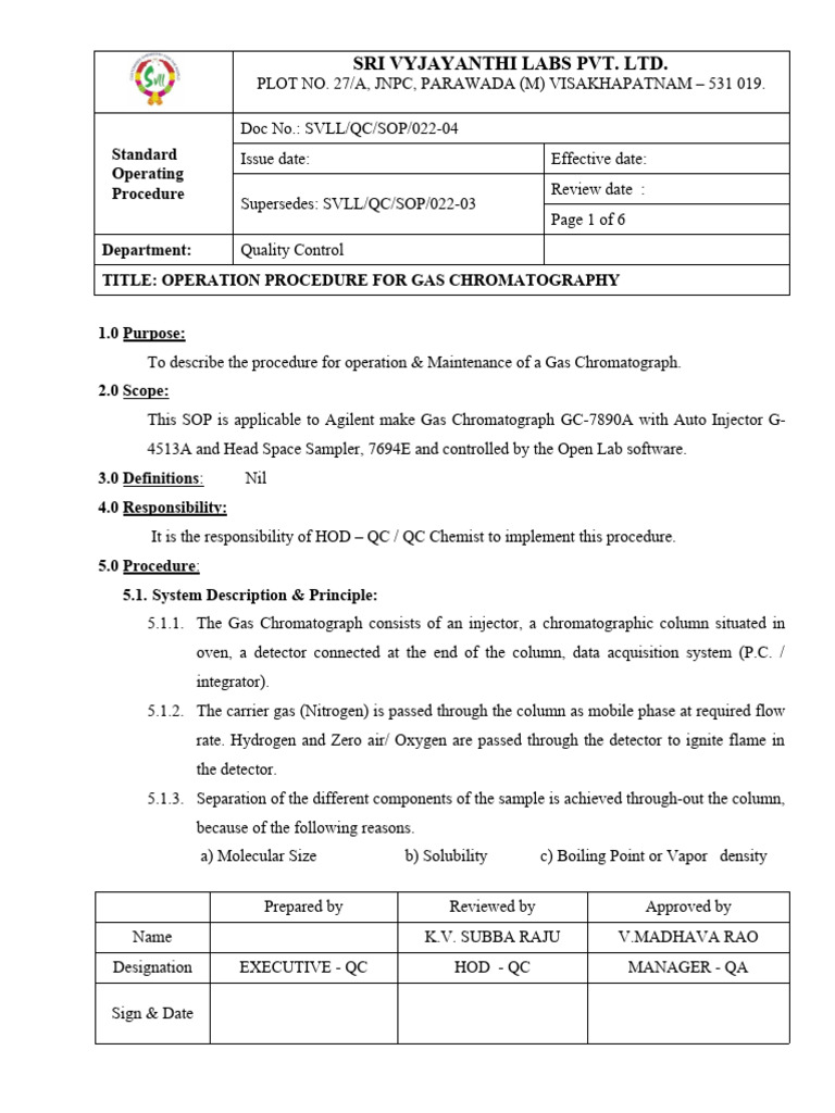 Gas Chromatography Operation SOP | PDF | Gas Chromatography ...