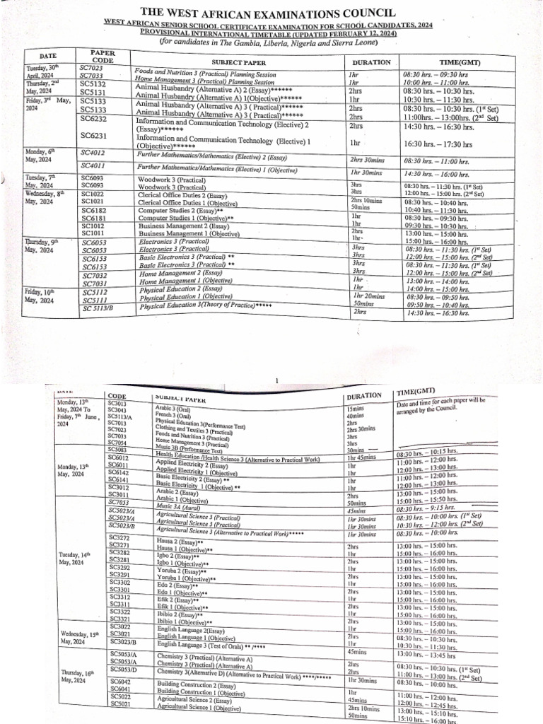 WASSCE SC 2024 Timetable | PDF
