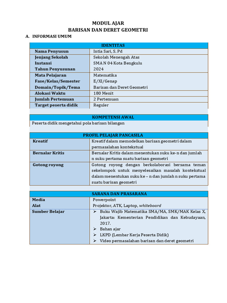 Modul Ajar PSE-Barisan Dan Deret Geometri-Intia Sari | PDF | Karier & Perkembangan | Seni