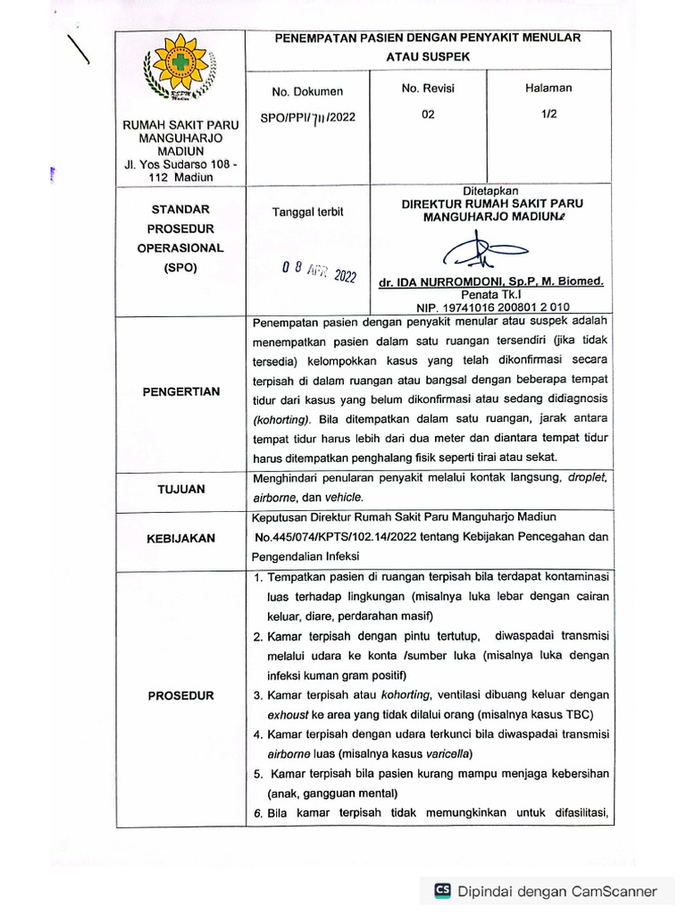 SOP Penempatan Pasien Dengan Penyakit Menular | PDF