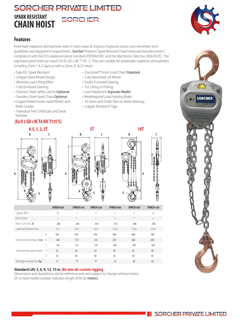 Sorcher Spark Resistant Chain Hoists | PDF | Elevator | Manufactured Goods