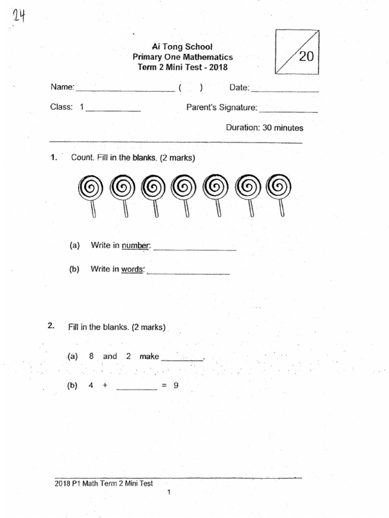 P1 Maths 2018 Ai Tong Test1 Papers | PDF