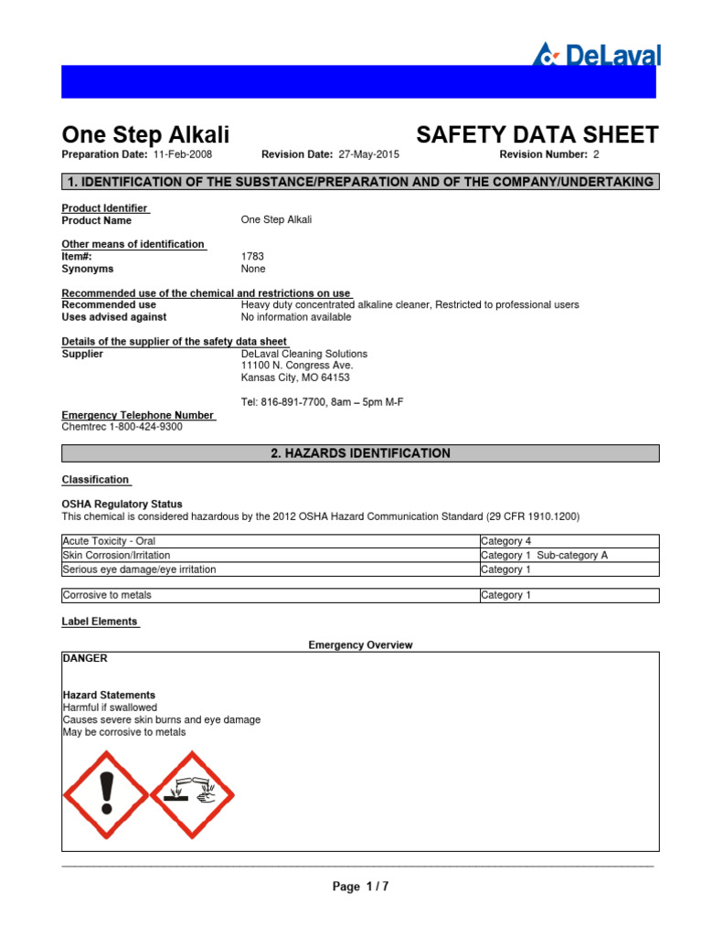 One Step Alkali 1783 SDS | PDF | Personal Protective Equipment | Toxicity