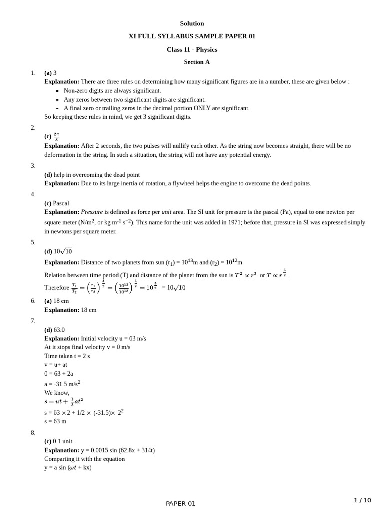 Solution Xi Physics Full Syllabus Paper 01 | PDF | Lift (Force) | Pressure