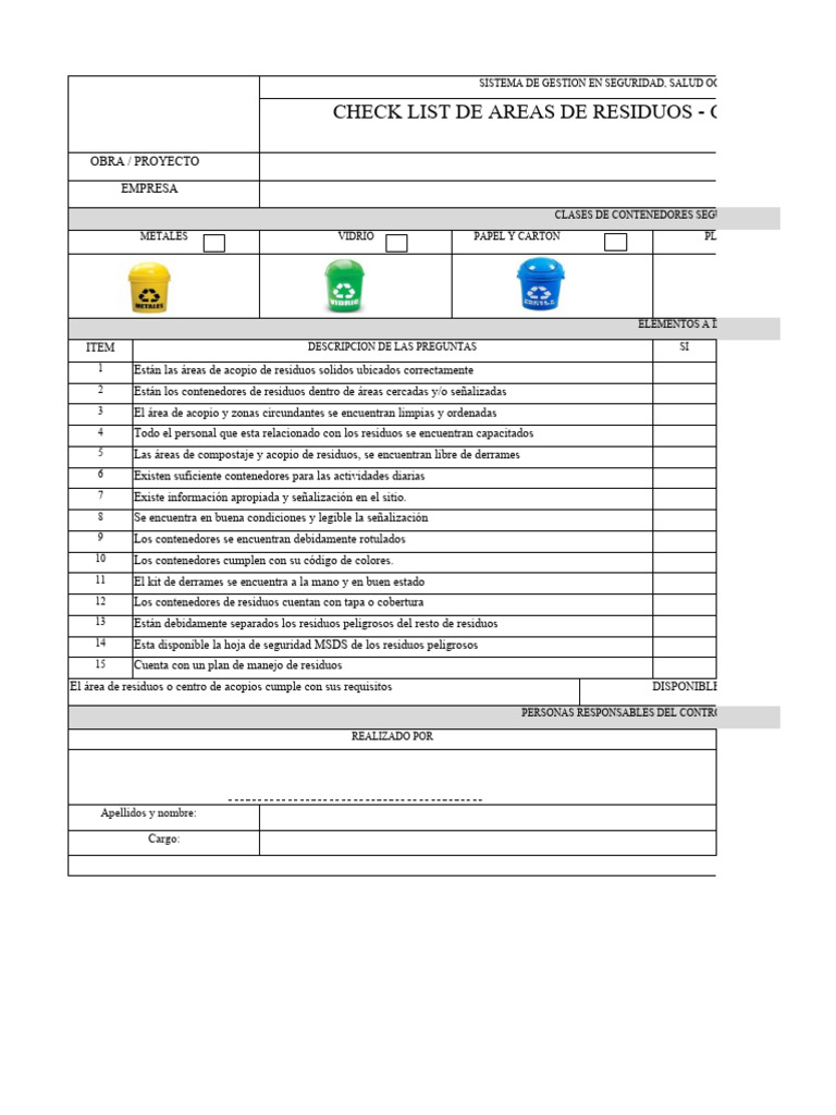 Check List de Areas de Residuos | Descargar gratis PDF | Residuos