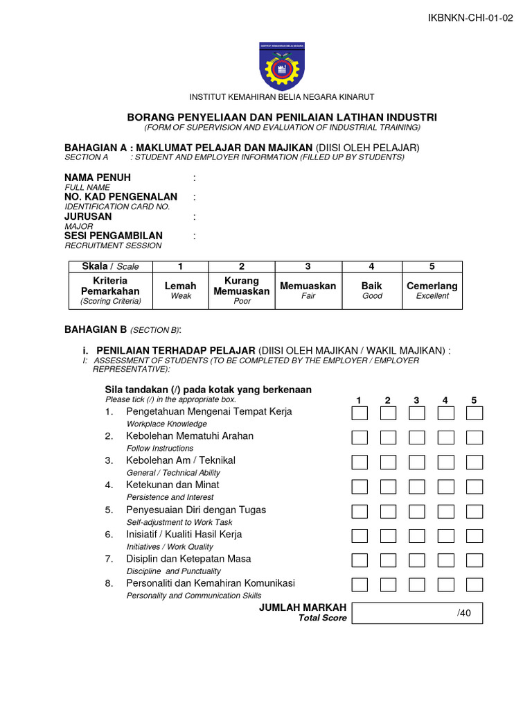 Borang Penyeliaan Dan Penilaian Latihan Industri | PDF