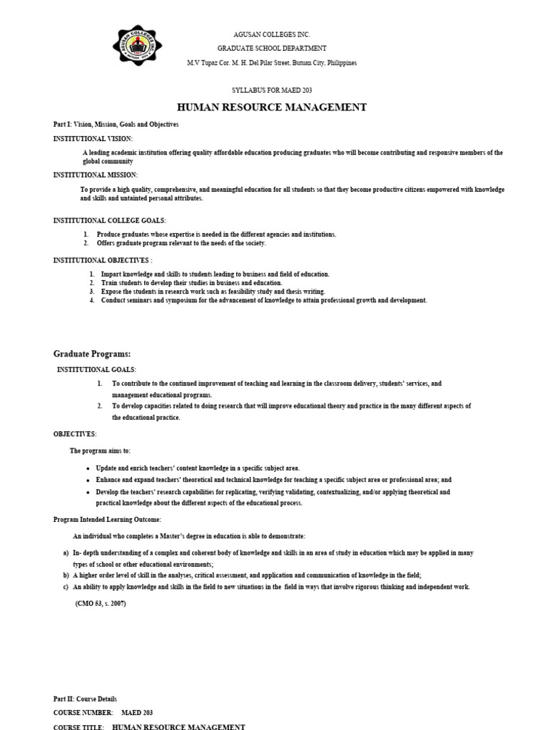 Aci Maed 203 Human Resource Management Syllabus | PDF | Educational ...