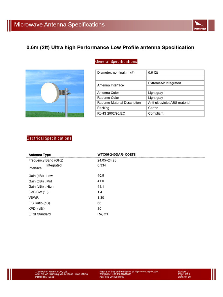 Microwave Antenna Specifications: 0.6m (2ft) Ultra High Performance Low Profile Antenna ...