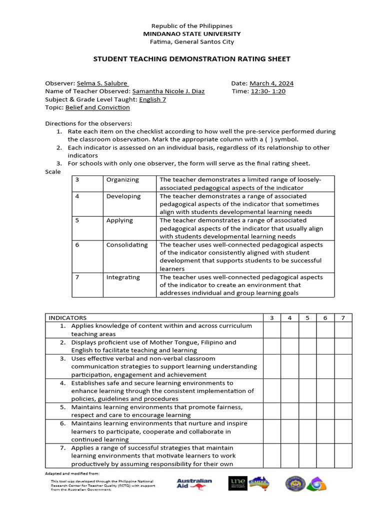 Teaching-Demonstration-Rating-Sheet-FINAL-1 | PDF | Teachers | Learning