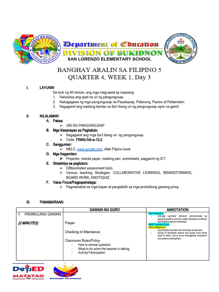 Annotated COT in Filipino 5 - 4thQTR | PDF
