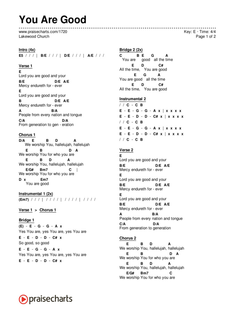 You Are Good (Lakewood Church) Chord Chart - E - 2 Column Layout | PDF ...
