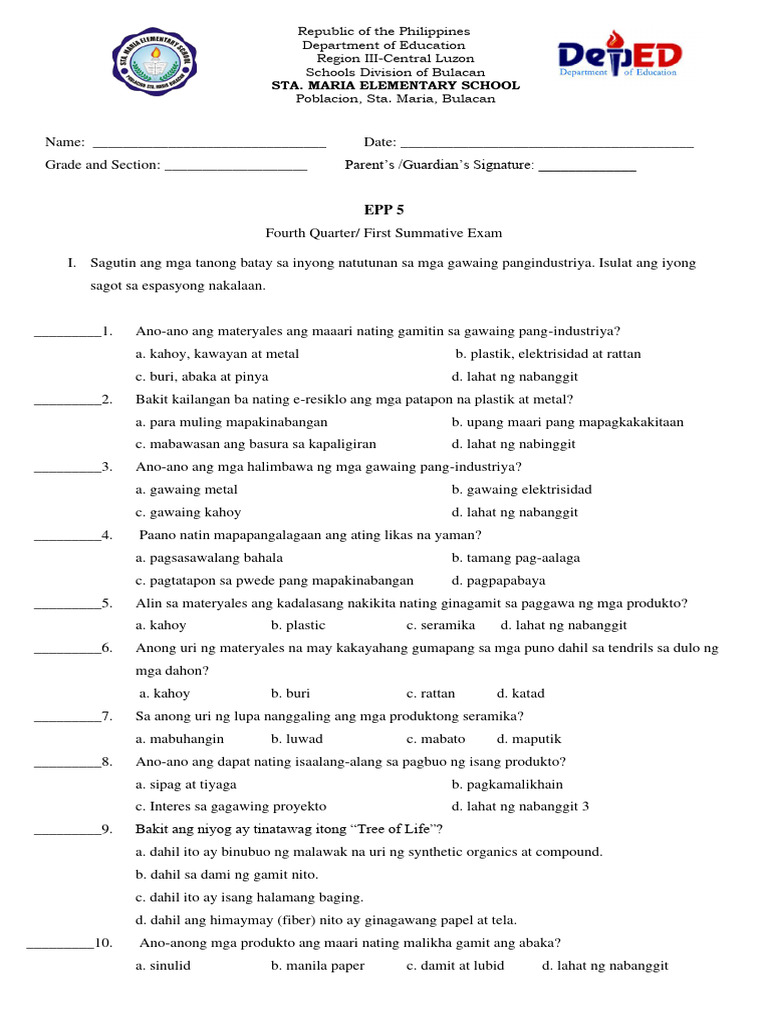 Q4 EPP 1st Summative Exam | PDF