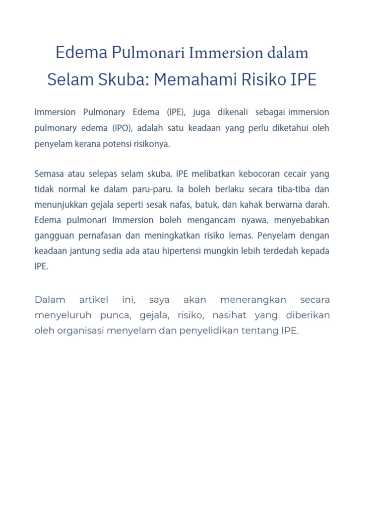Immersion Pulmonary Edema in Diving - Understand The IPE Risk! PDF | PDF