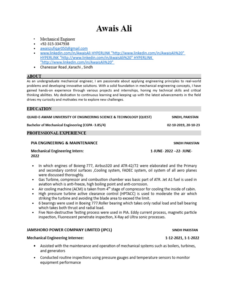 Awais Ali: Pia Engineering & Maintenance | PDF | Gas Turbine | Engineering